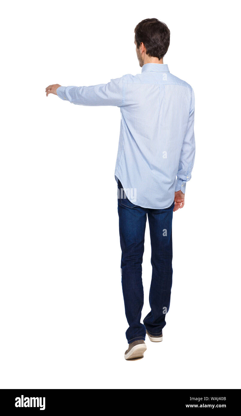 Back view of a man walking with a pointing hand. going guy showing ...