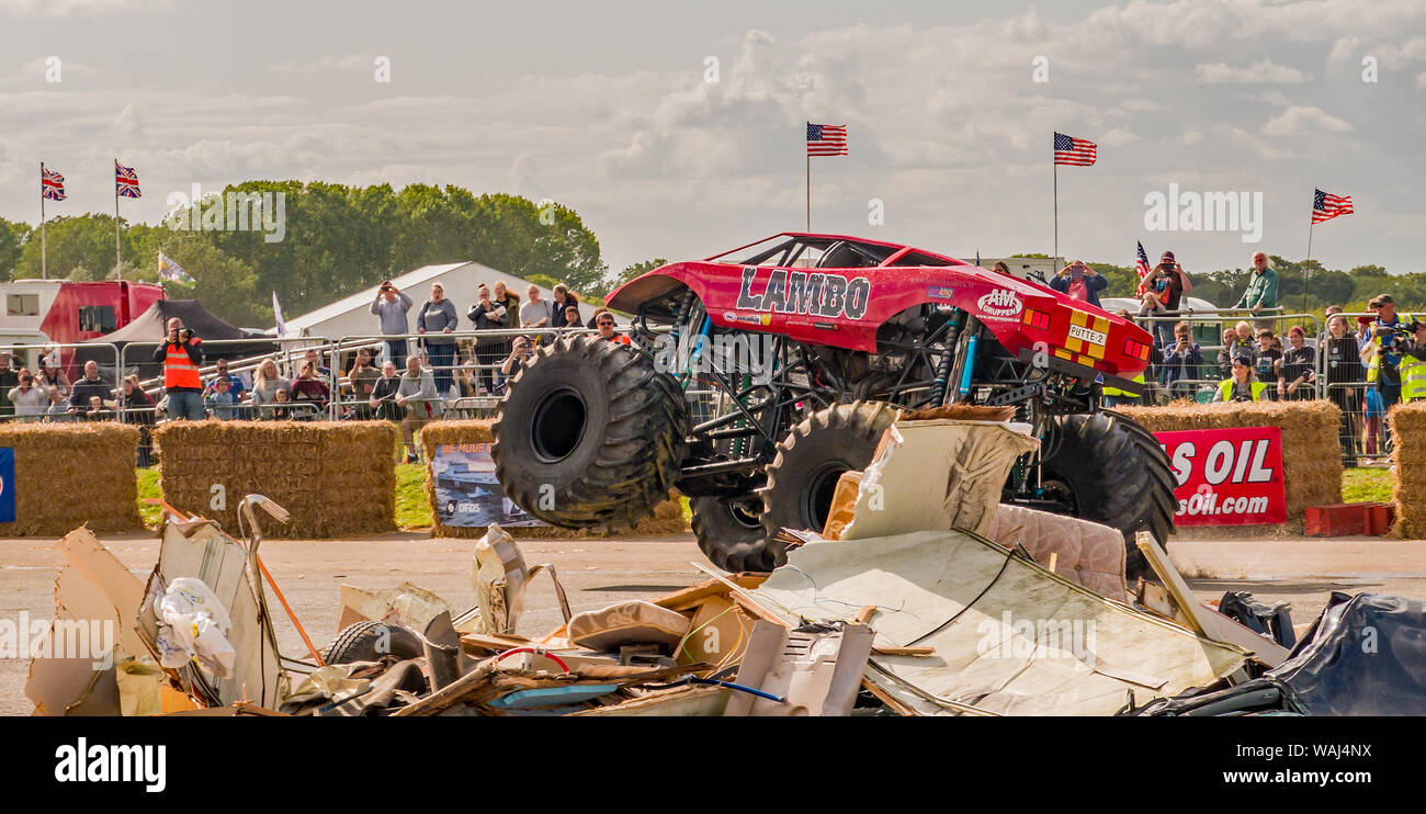 The Lambo monster truck jumping through and destroying a caravan during ...