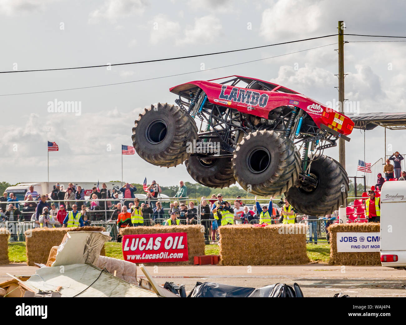 The Lambo monster truck air borne whilst jumping clean over a disused ...