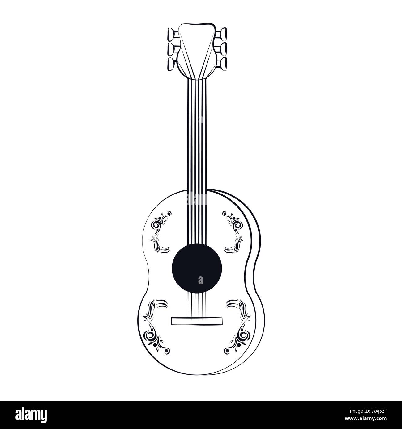 guitar wooden music instrument cartoon in black and white Stock Vector ...