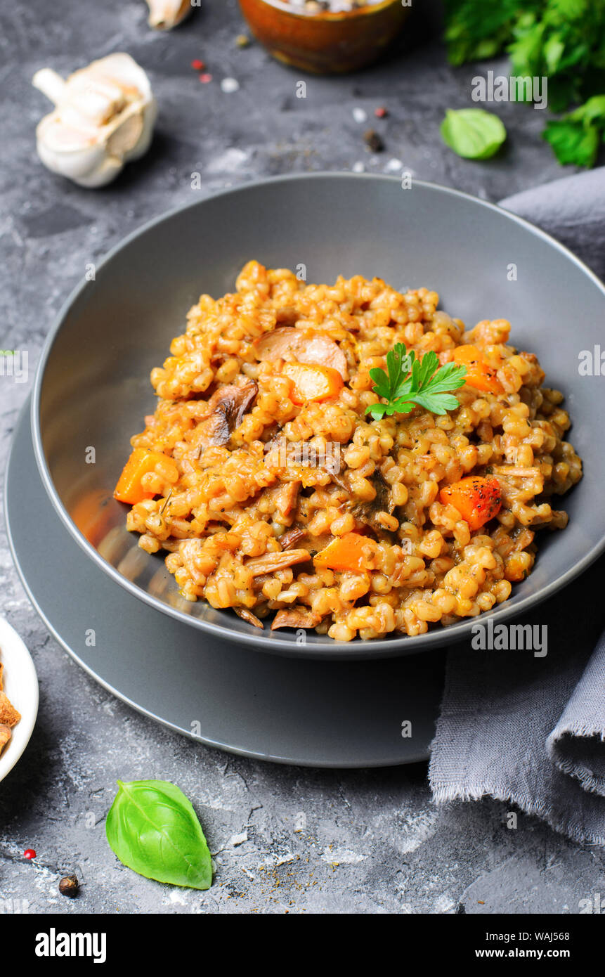 Spelt Pumpkin Mushroom Risotto on Grey Background, Tasty Vegetarian ...