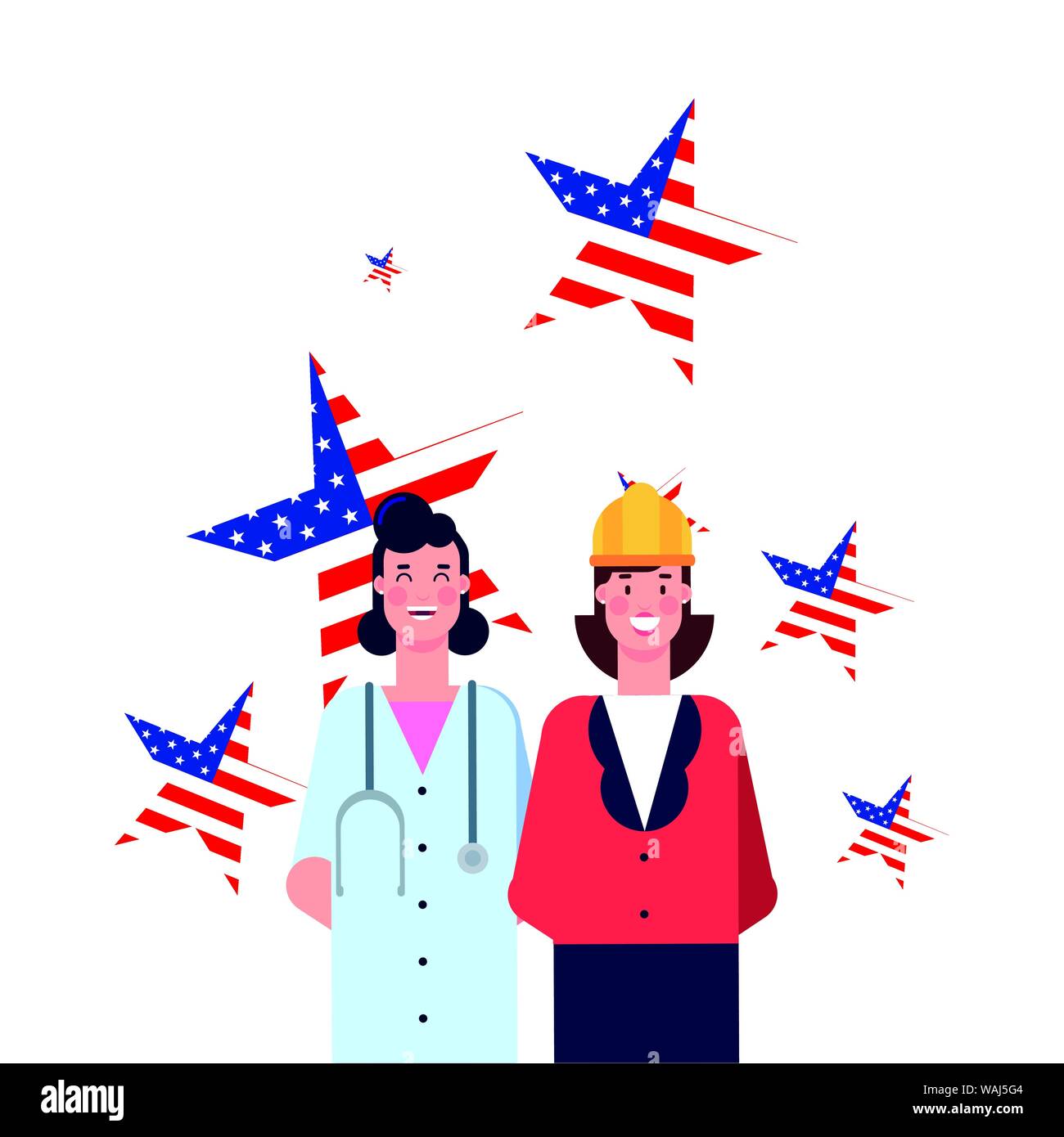happy labor day - female doctor and egineer professional american flag ...
