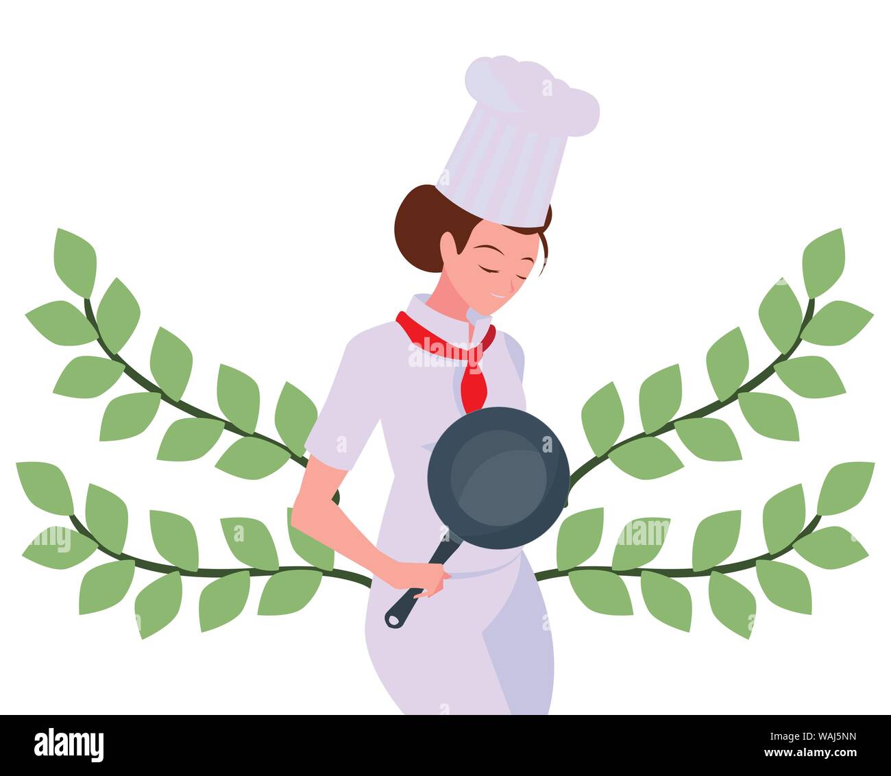woman chef with frying pan cooking branch leaves vector illustration ...