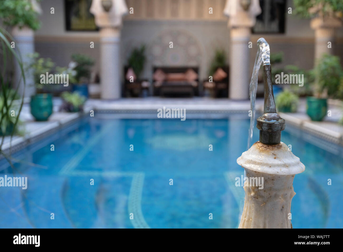 Africa, Morocco, Fes. Fountain and pool at Riad Salam Fes Hotel. Credit ...