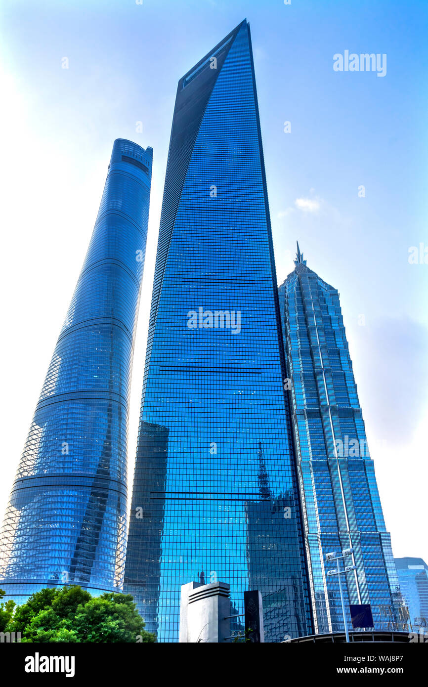Three skyscrapers reflections, Lujiazui, Financial District, Shanghai ...