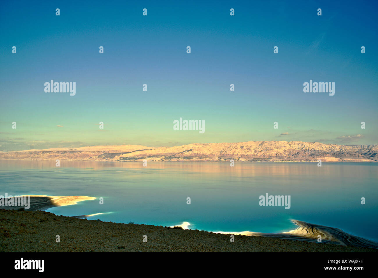Israel, Dead Sea. Along the Israeli side, Jordan across the body of ...
