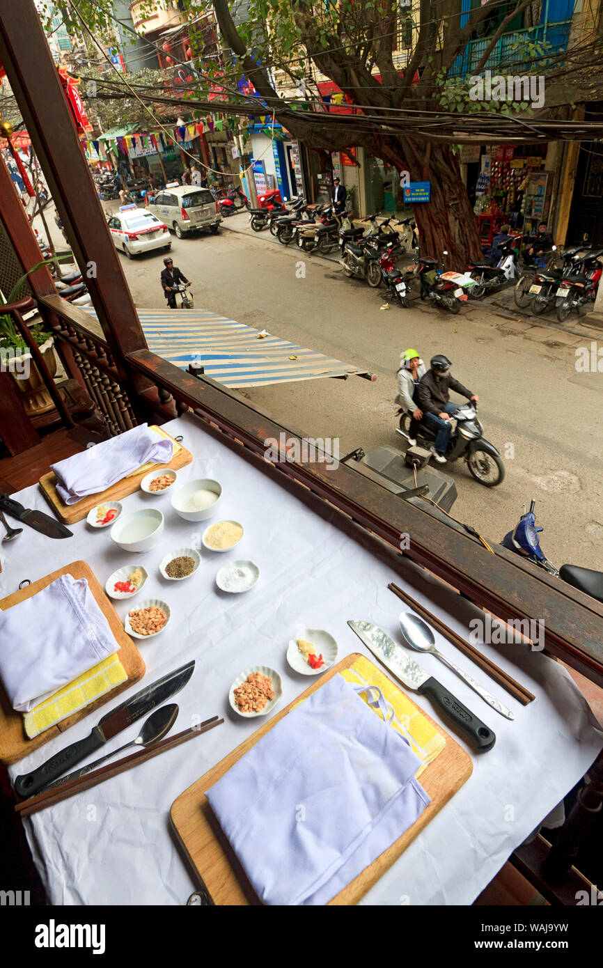 Hanoi, Vietnam. Table set for cooking class at Cafe Anh Tuyet in the ...