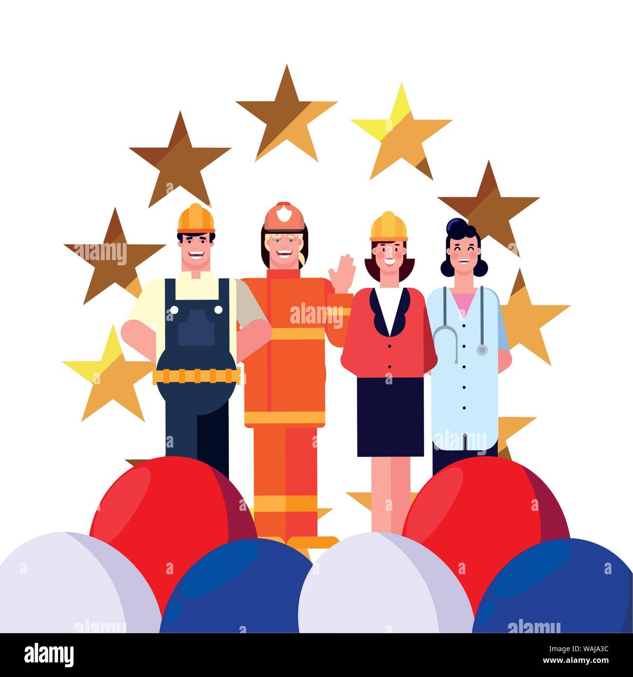 happy labor day - people professional balloons and golden stars vector ...