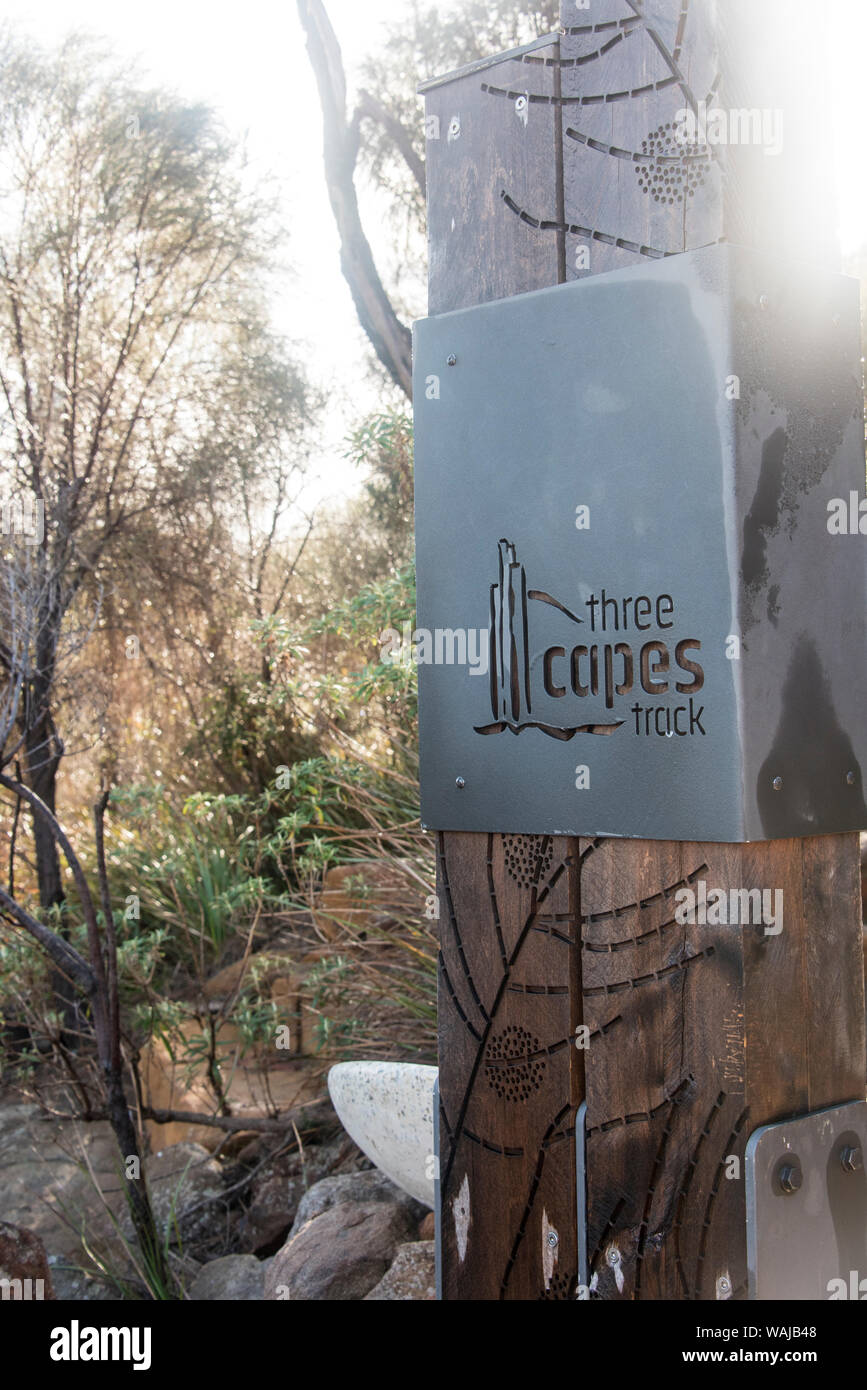Australia, Tasmania, Tasman National Park. Trail sign for Three Capes ...