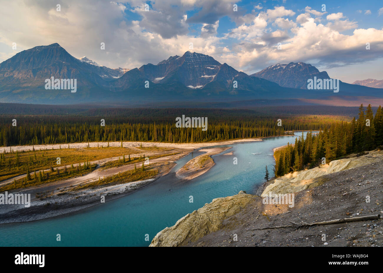 Canada, Alberta, Jasper National Park. Athabasca River Valley at first ...