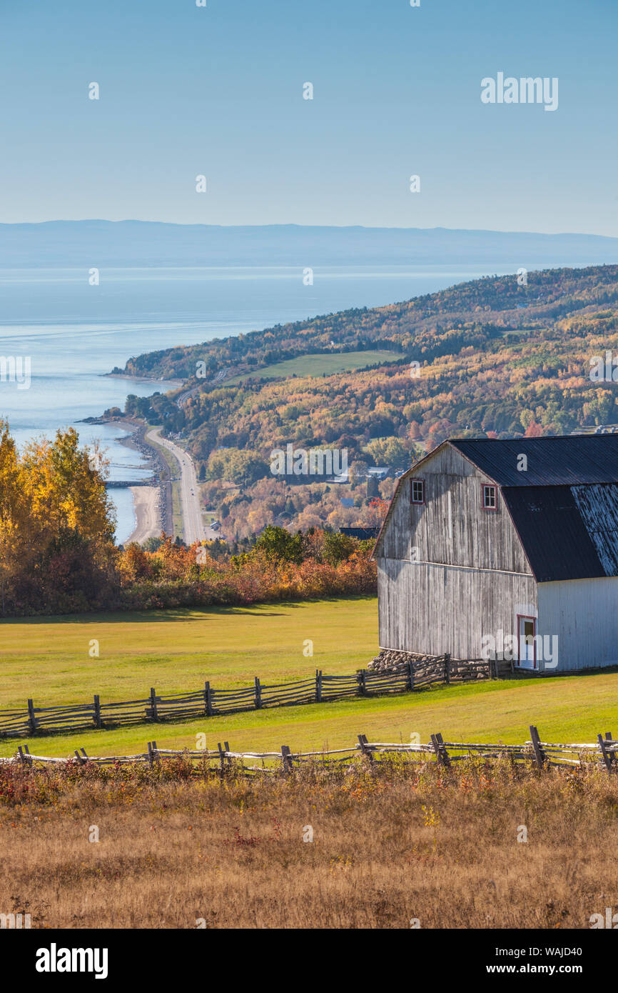 Canada, Quebec, Sainte Irenee. Elevated view of farm and St. Lawrence ...