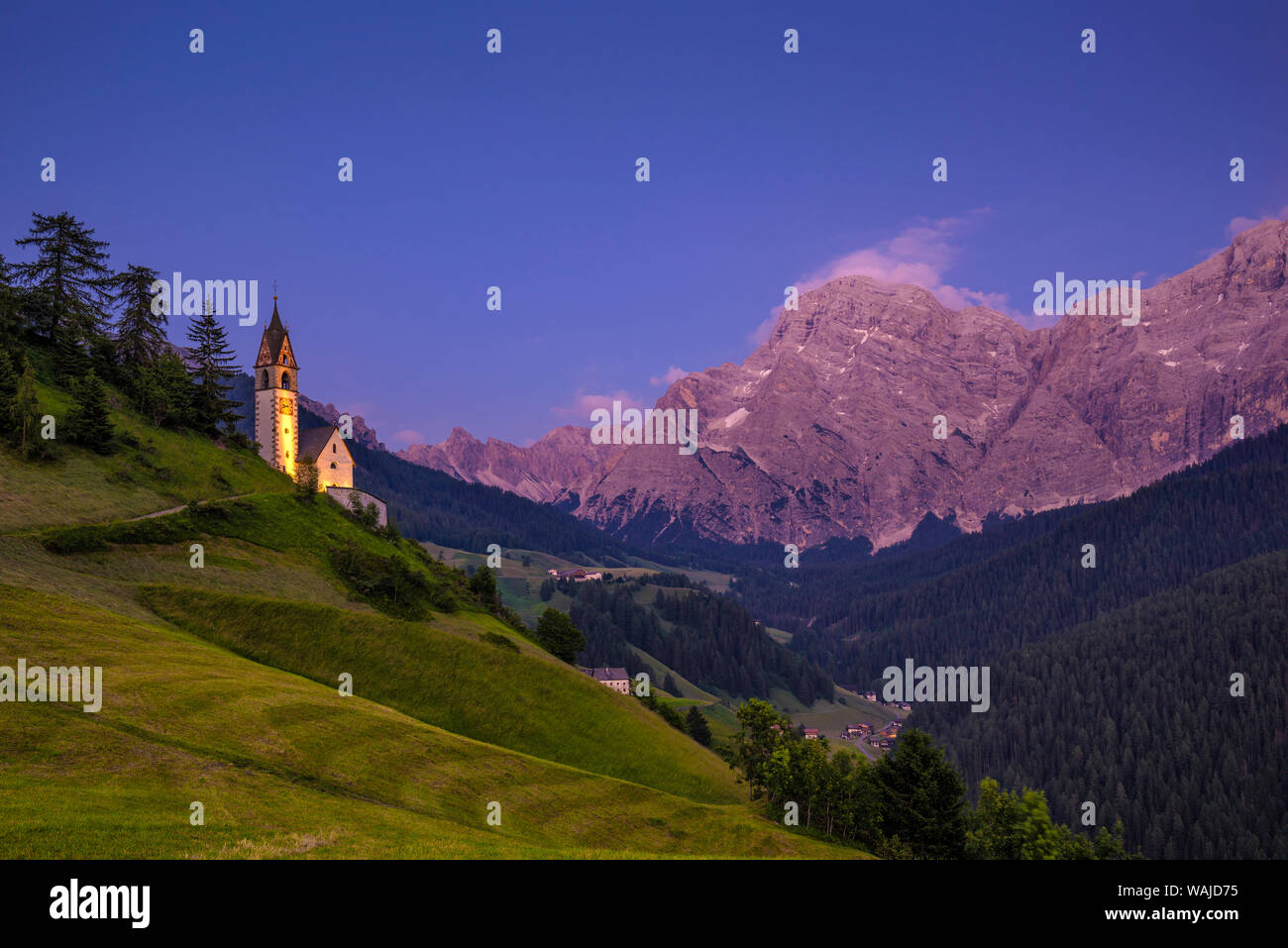 Europe, Italy, Dolomites, Val di Funes. Chapel of St. Barbara at sunset ...