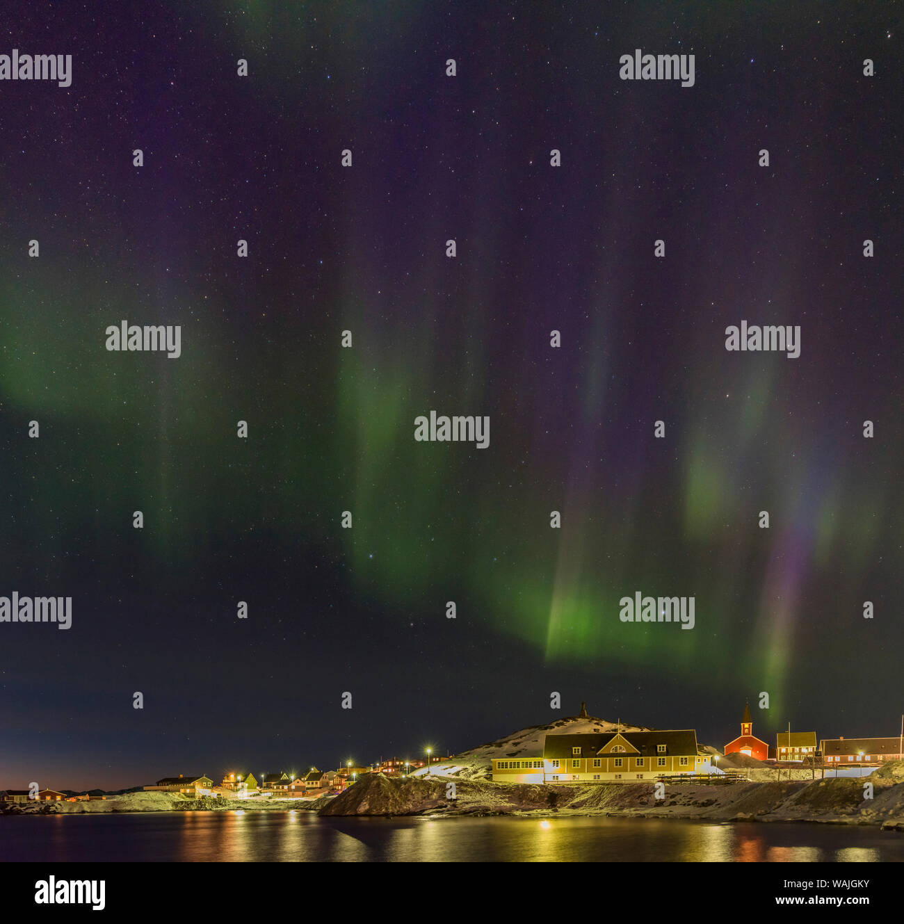 Northern Lights over the old town and the colonial harbour. Nuuk ...