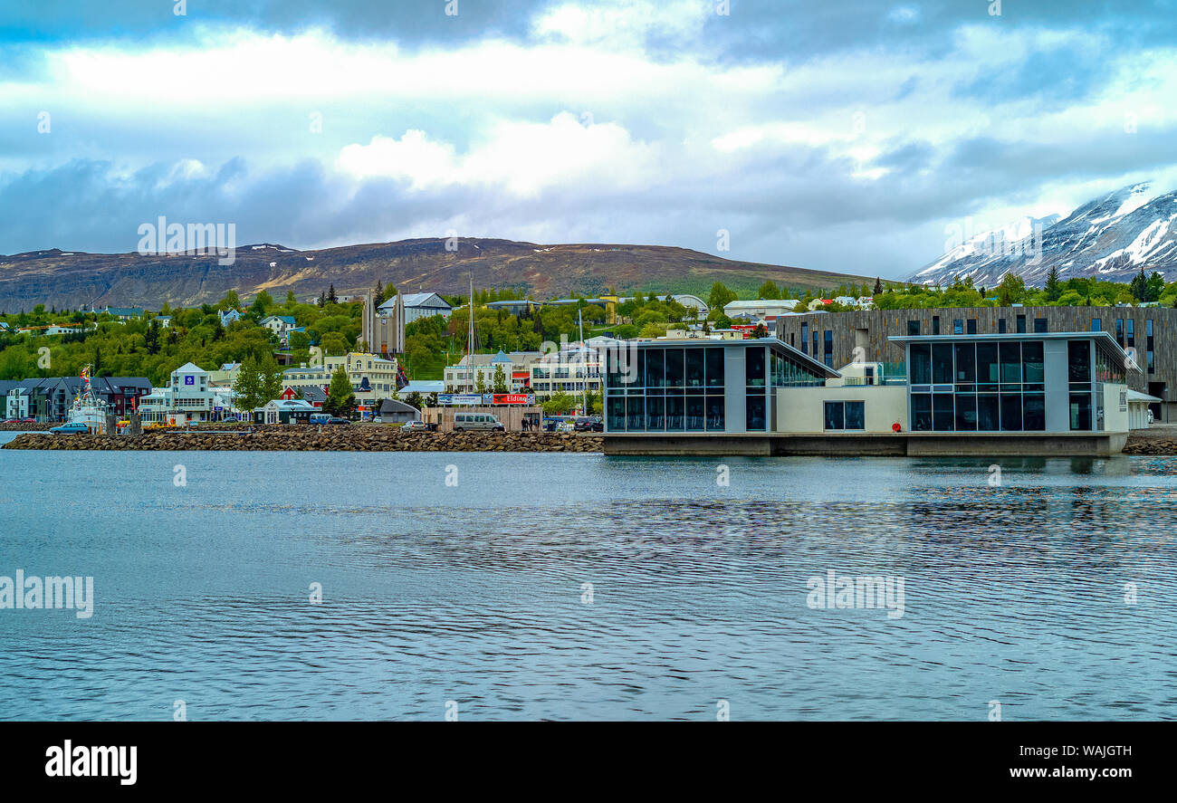 Akureyri, Iceland - June 2, 2019: The town and the harbor seen from the ...