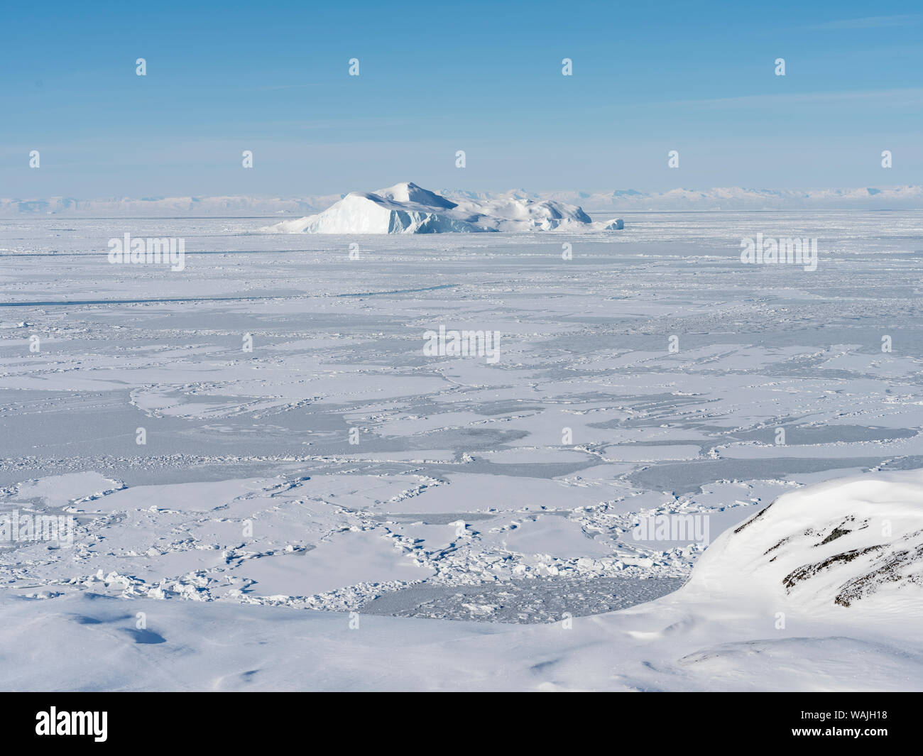 Frozen Disko Bay with icebergs at the Ilulissat Icefjord. The icefjord ...