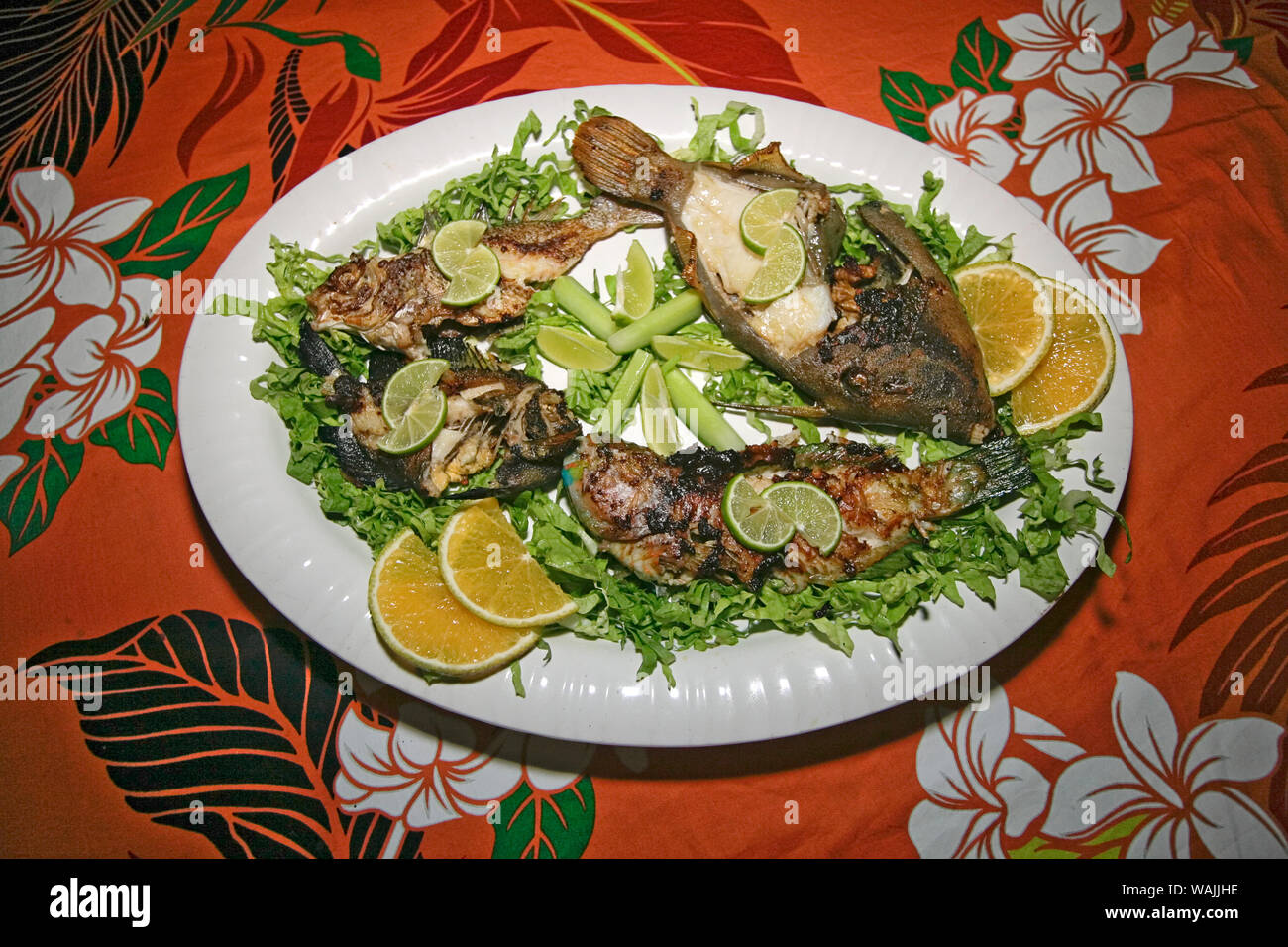Kosrae, Micronesia. Freshly caught assorted tropical fish pan fried for ...