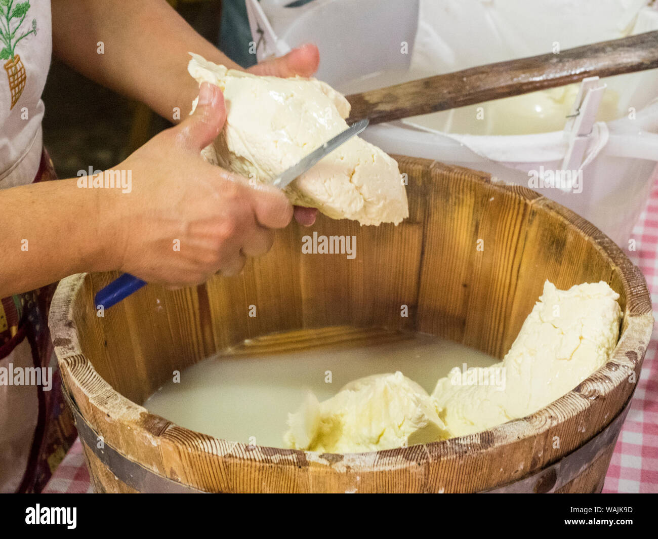 Italy, Alberobello. A display of making fresh mozzarella in a farmhouse ...