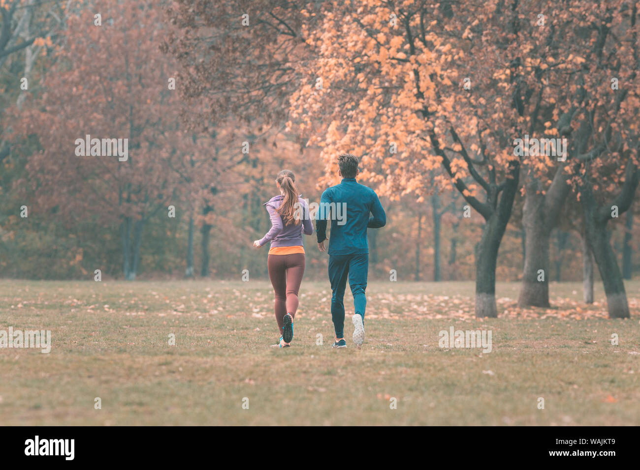 Fall running in a park, seen from behind couple Stock Photo - Alamy