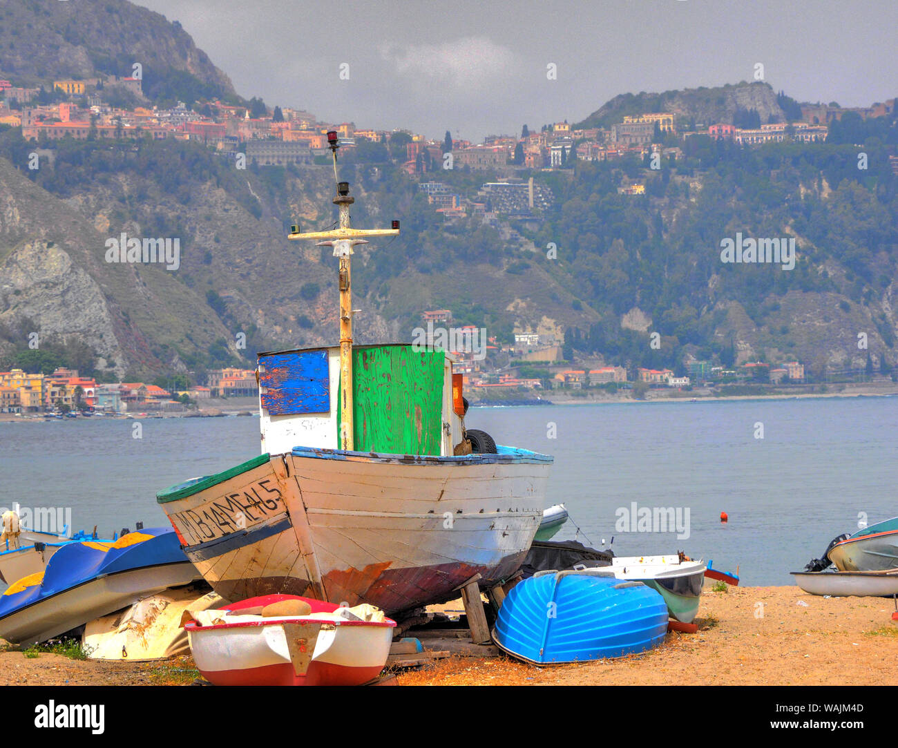 Italy, Sicily, Taormina. Boats on beach in summer day Stock Photo - Alamy