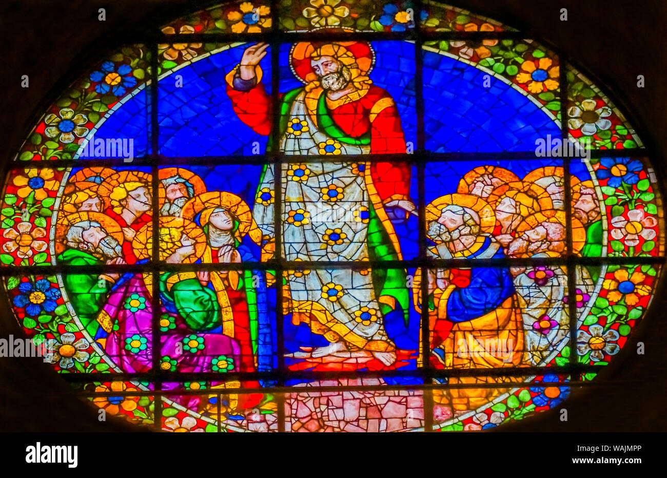 Jesus Christ and worshipers stained glass. Duomo Cathedral, Florence ...