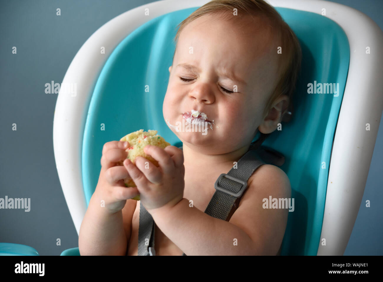 1 year old boy eating birthday cupcake (MR Stock Photo - Alamy
