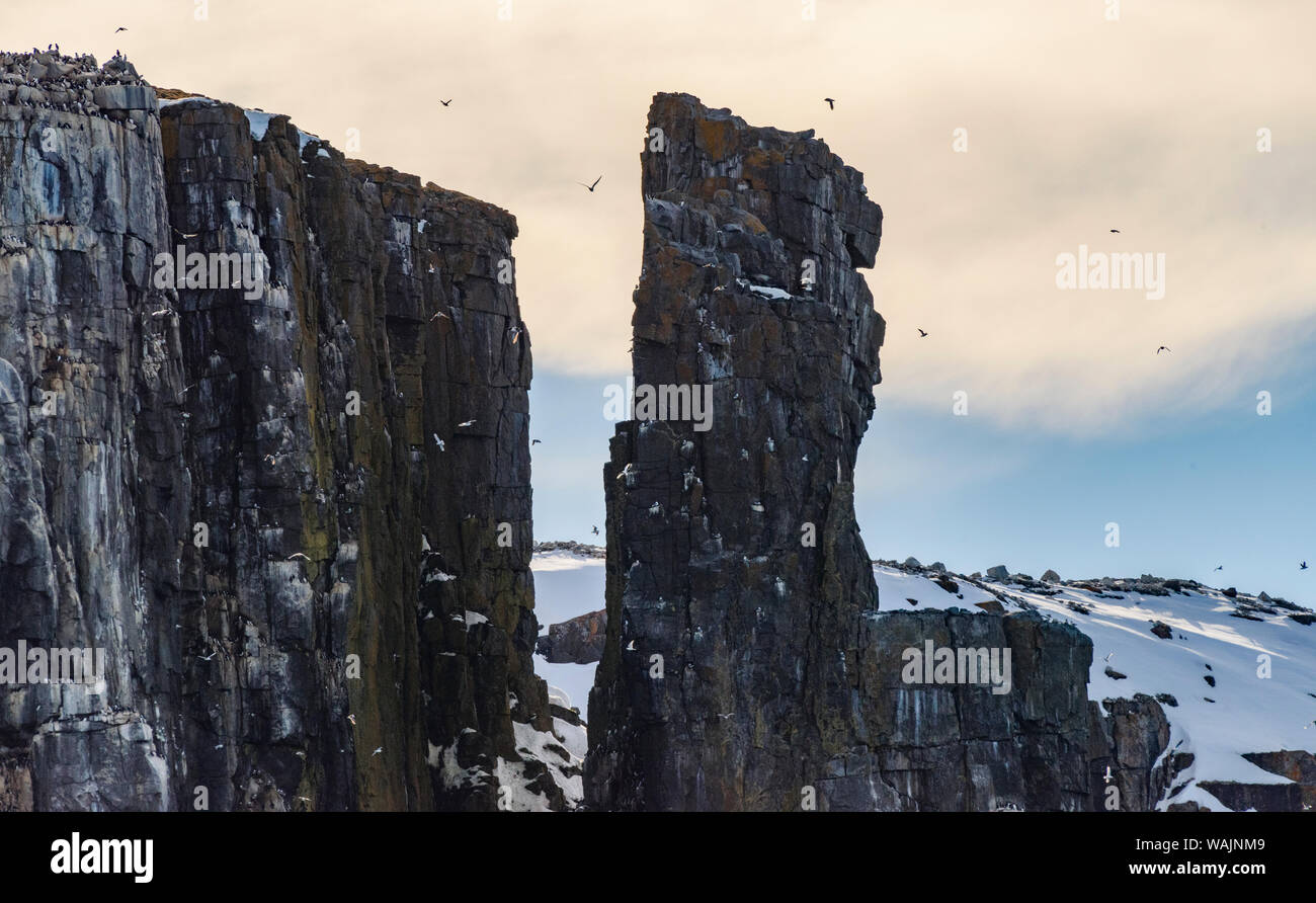 Norway, Svalbard, Spitsbergen. Alkefjellet, basalt towers rise from the ...