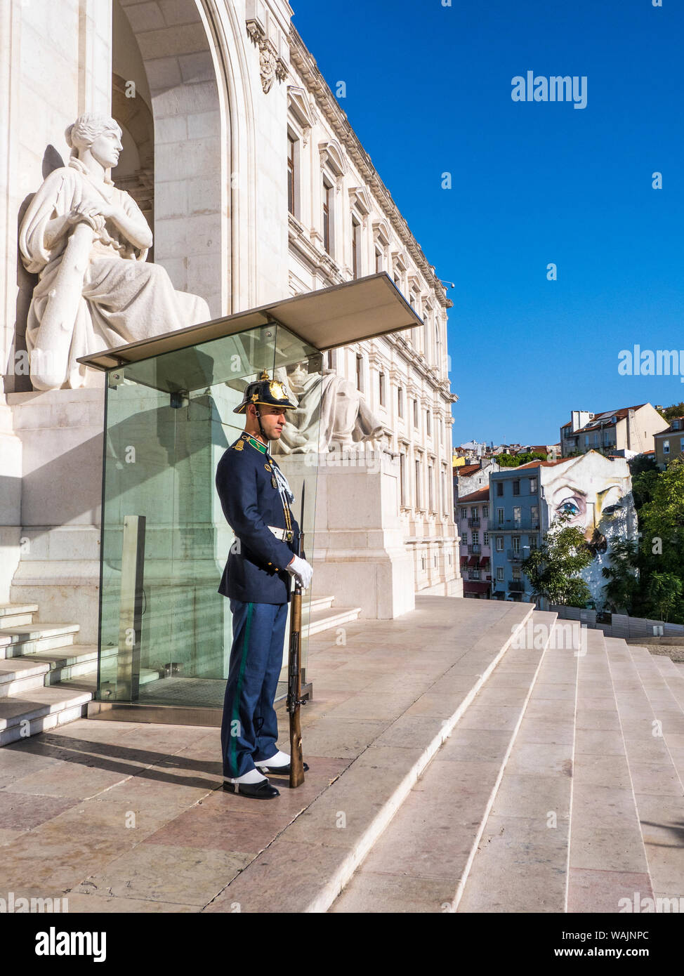Portugal, Lisbon. Guard at the Palace of Sao Bento, built in 1834, the ...