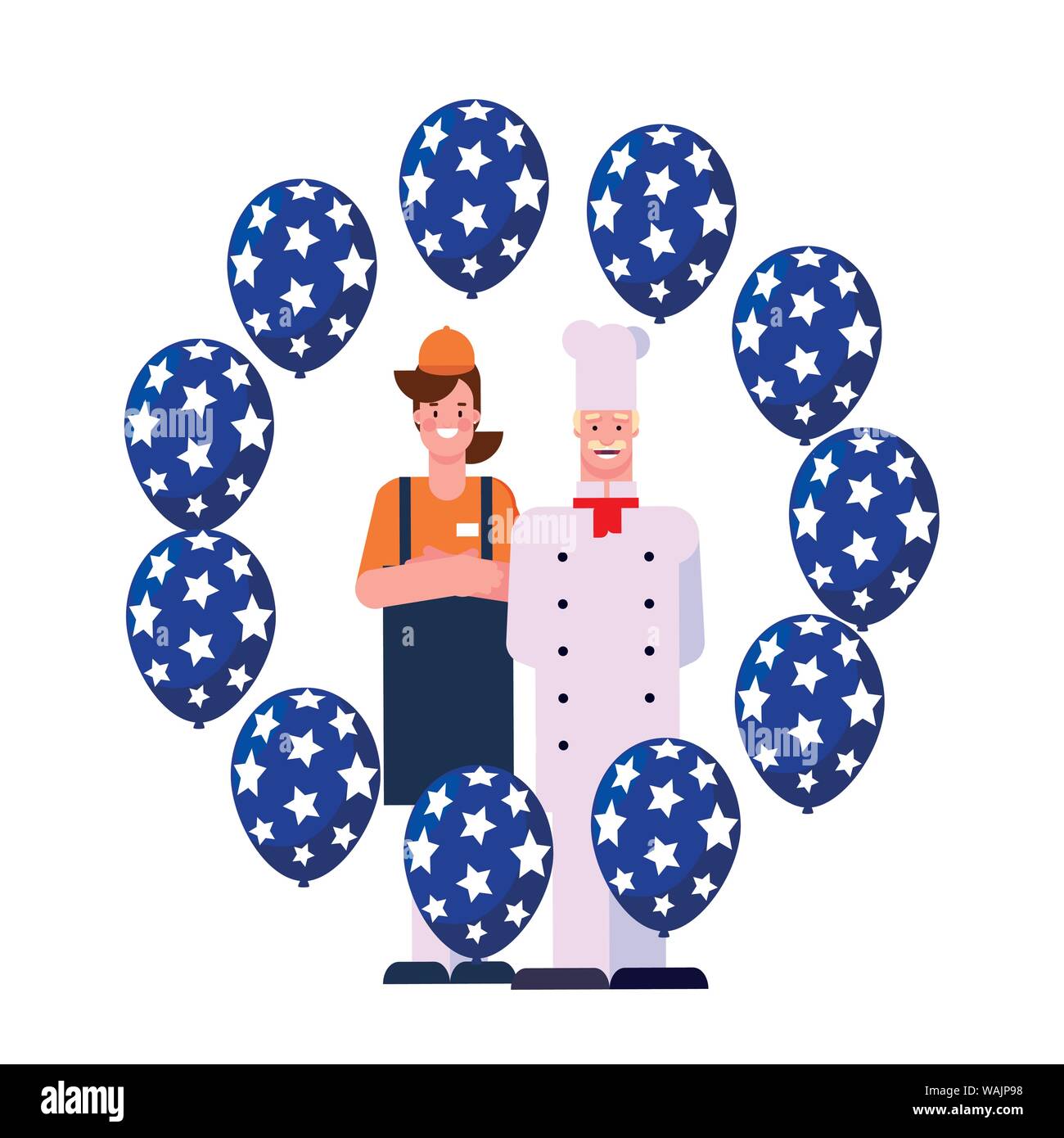 happy labor day - chef and seller woman balloons frame vector ...