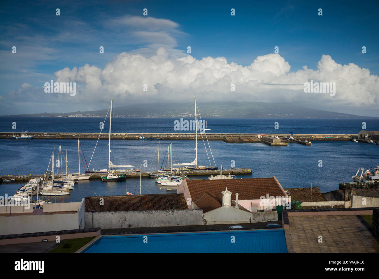Portugal, Azores, Faial Island, Horta. Elevated view of waterfront and ...