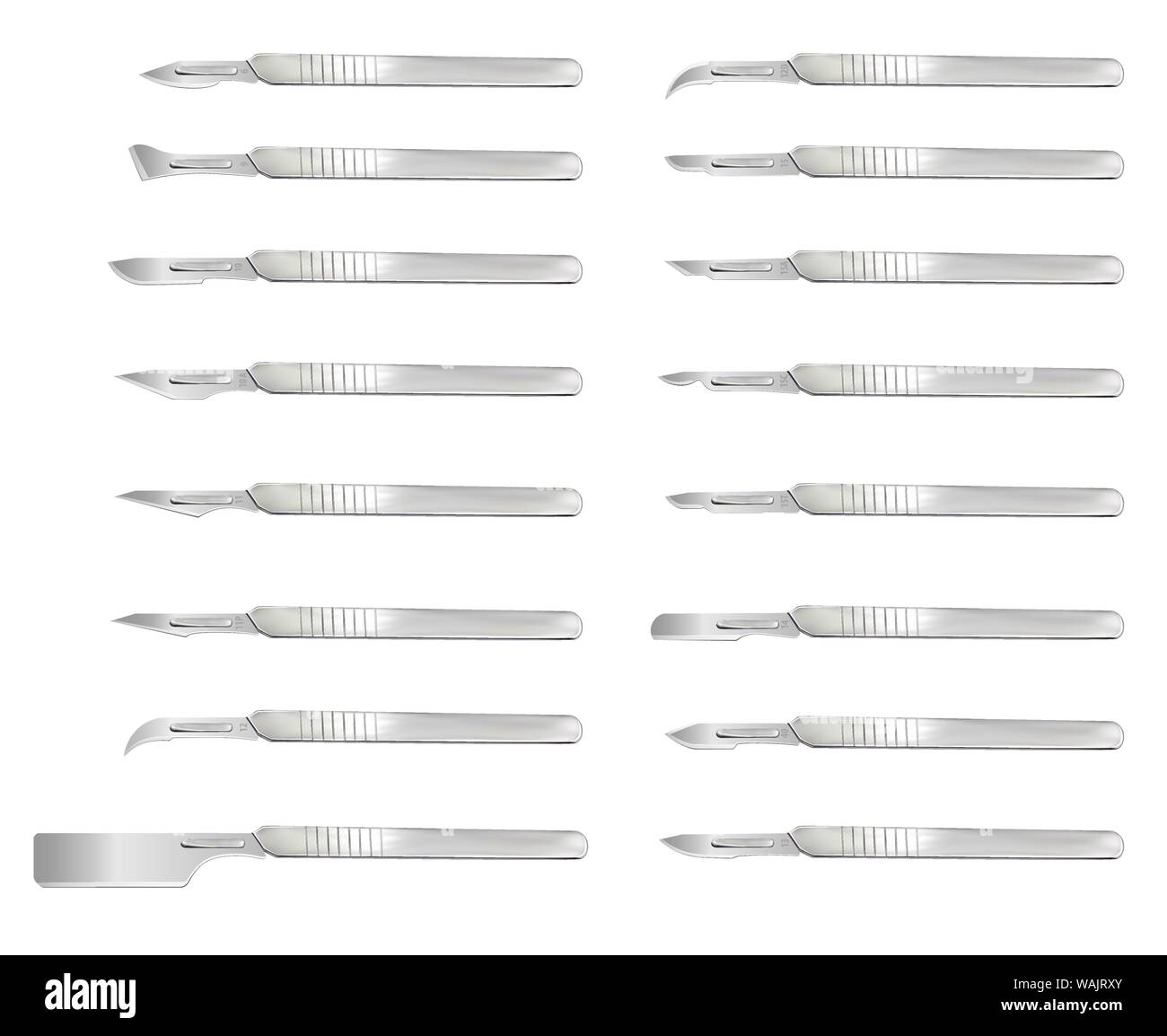 Set of surgical scalpels with removable blades of various shapes ...