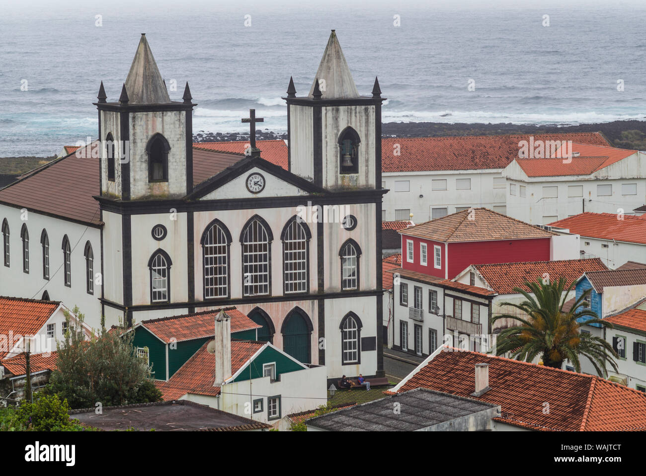 Portugal, Azores, Pico Island, Lajes do Pico. Elevated town view with ...