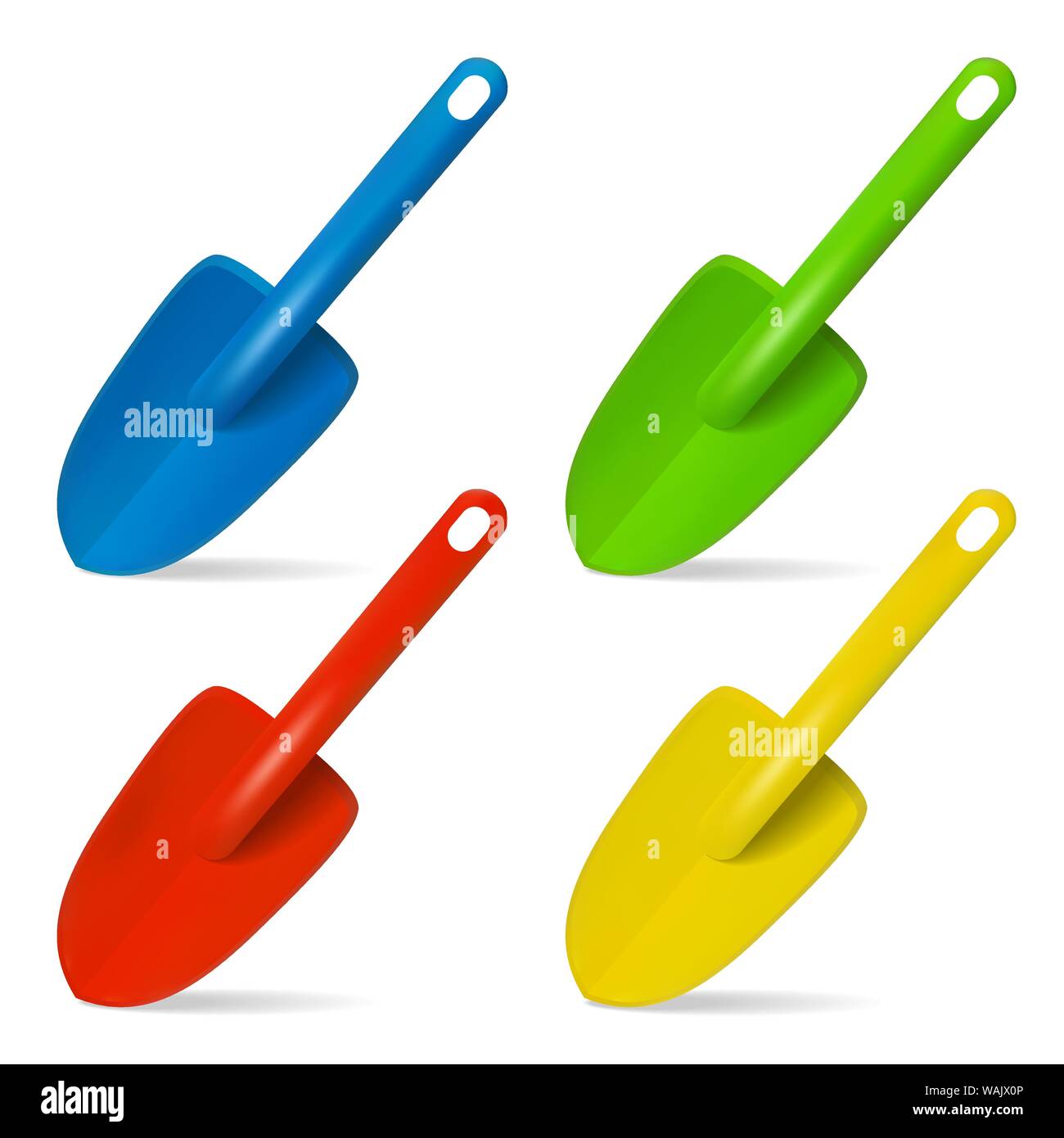Scoop. Plastic toy for playing in sand. Set of multicolored isolated ...