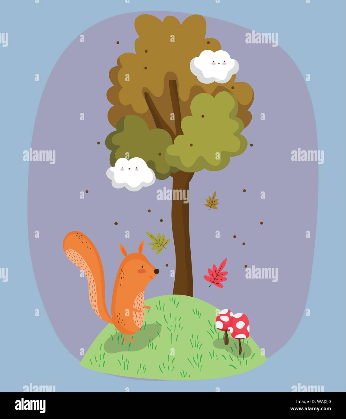 hello autumn season squirrel tree mushroom leaves cartoon vector ...