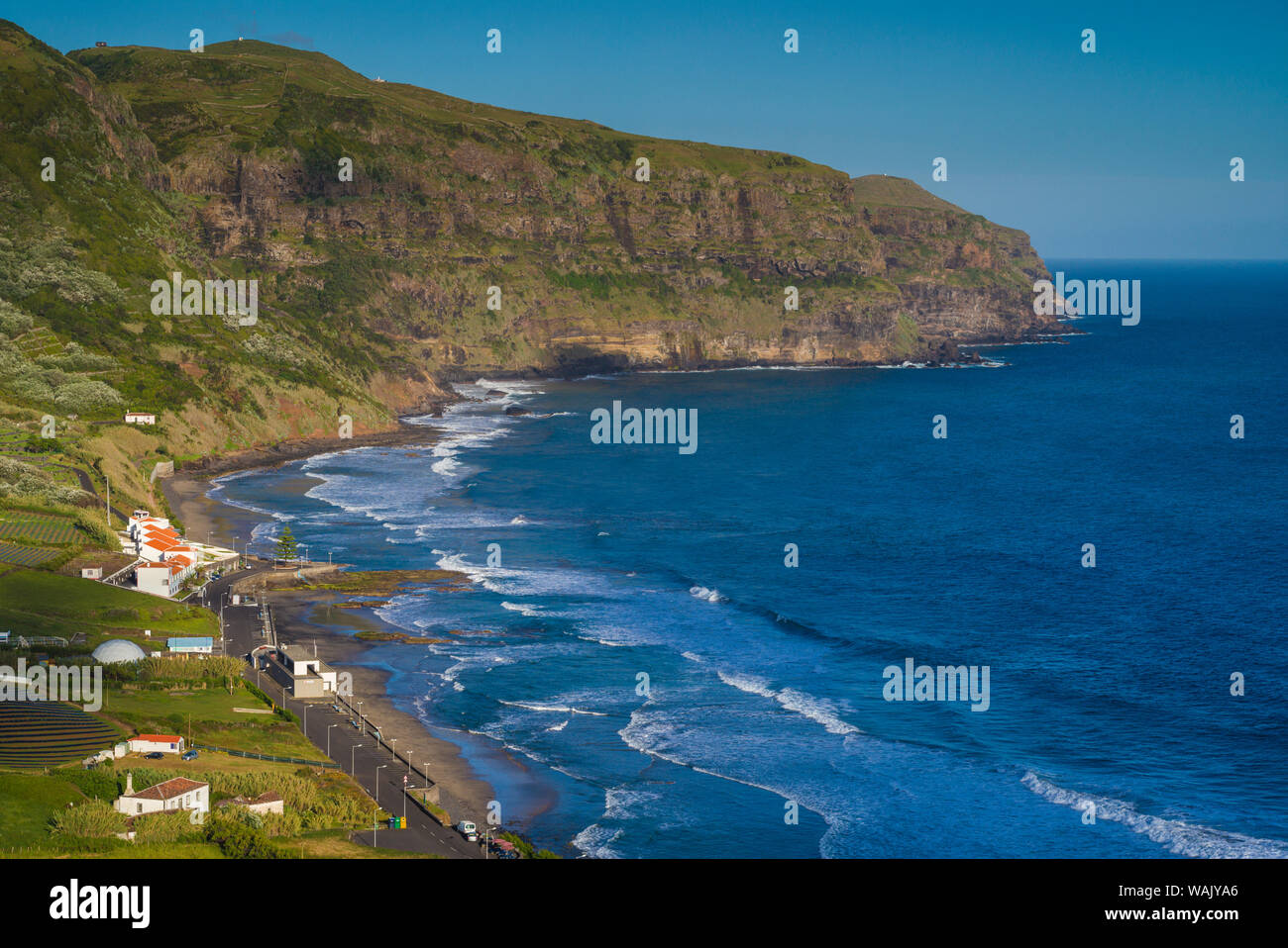 Portugal, Azores, Santa Maria Island, Praia. Elevated view of town and ...