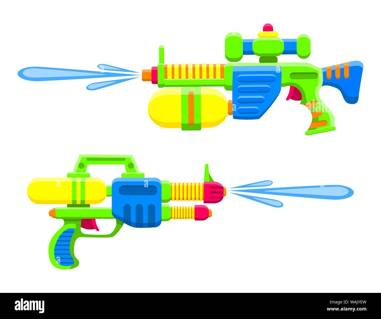 Water guns. Bright multi-colored childrens toys. Isolated objects. Flat ...