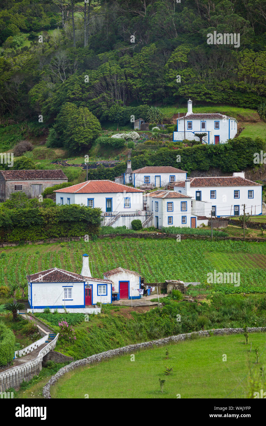 Portugal, Azores, Santa Maria Island, Santa Barbara. Elevated town view ...