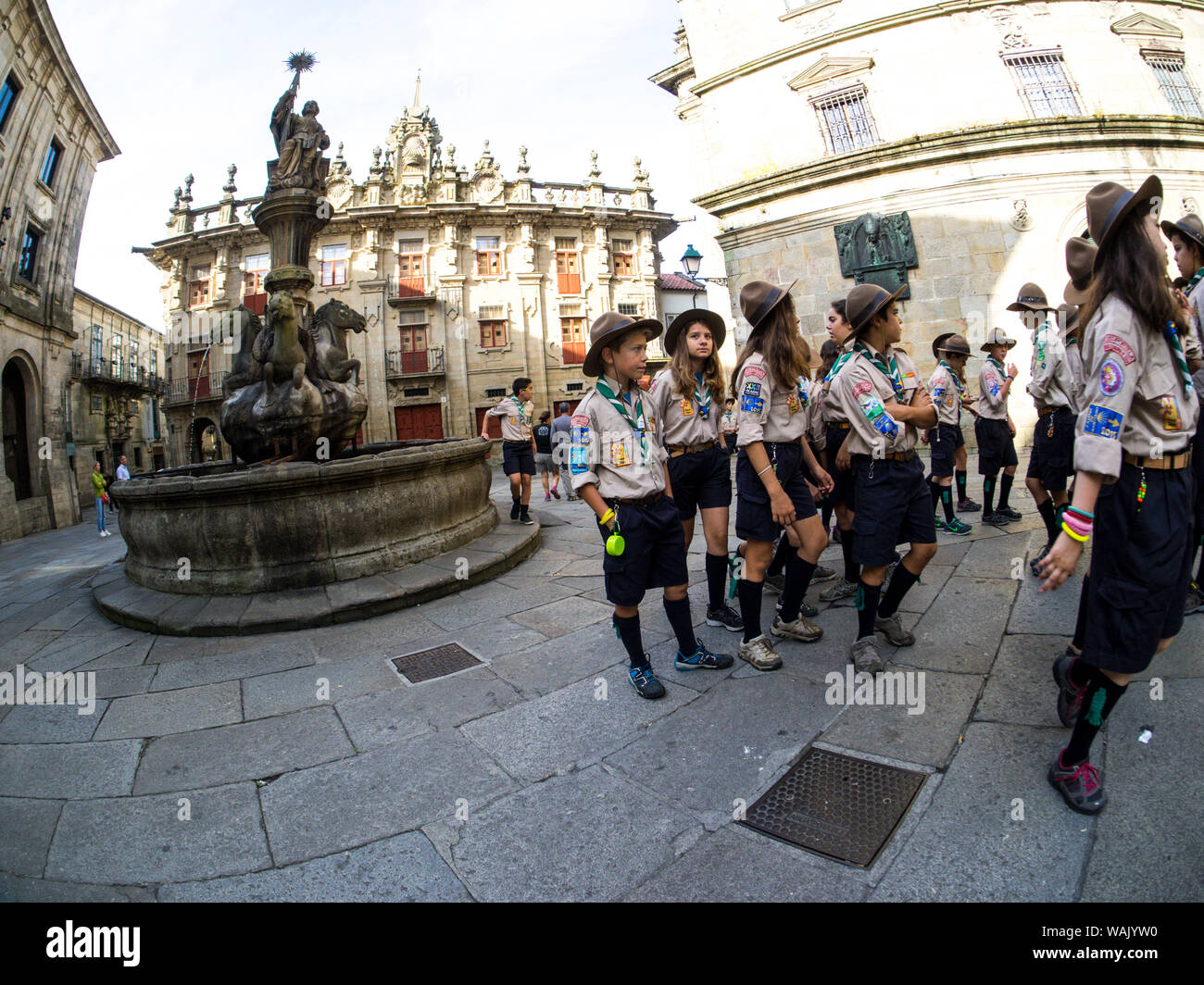 Spain, Santiago de Compostela. Scouts arriving at church Stock Photo ...