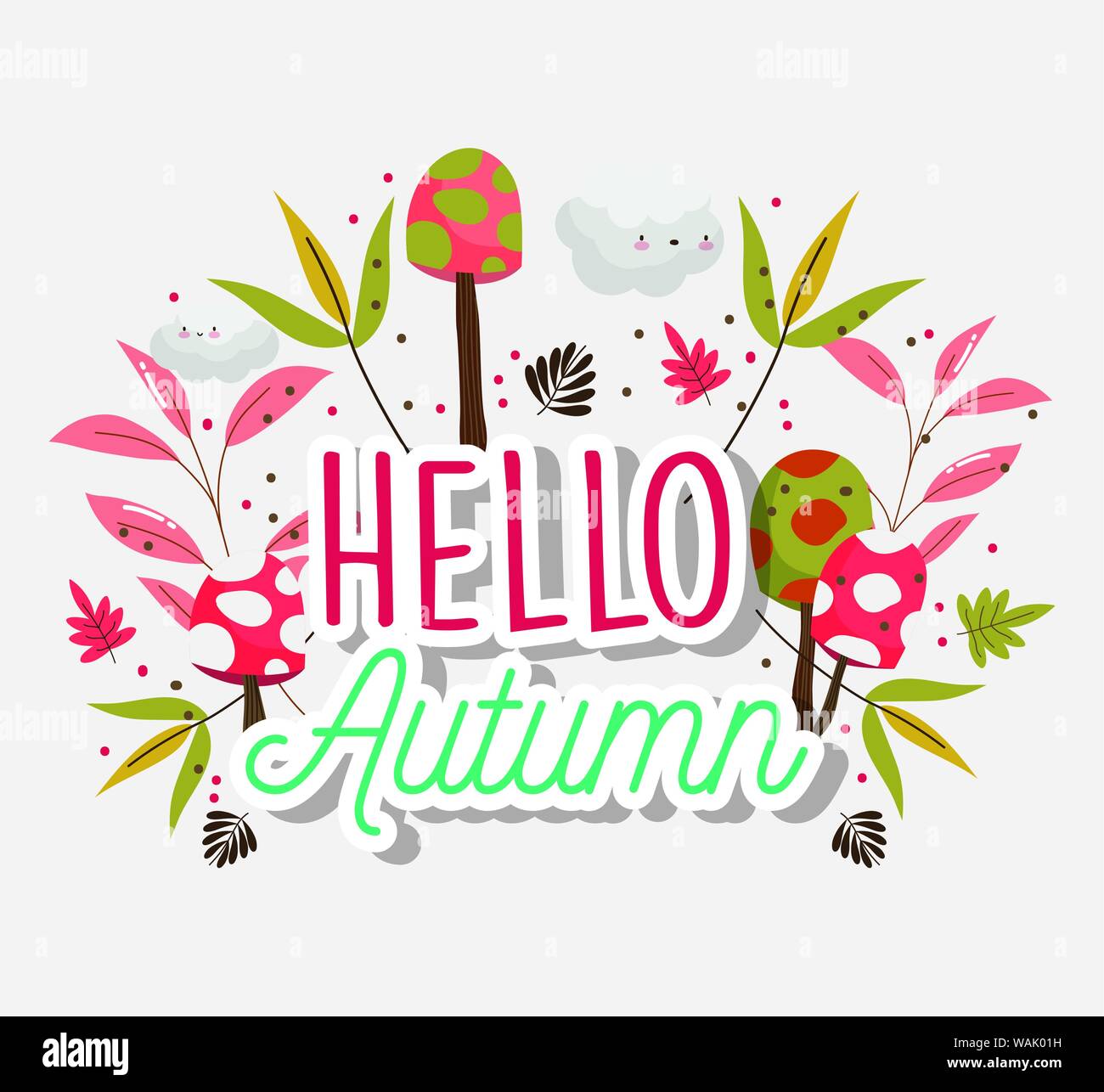 hello autumn season lettering mushroom leaves flat desing vector ...