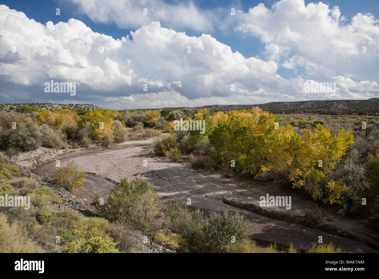 USA, New Mexico. A riverbed winding through the desert along the ...