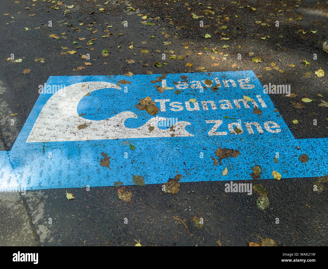 USA, Oregon, Manzanita. Tsunami warning sign painted on road. Credit as ...
