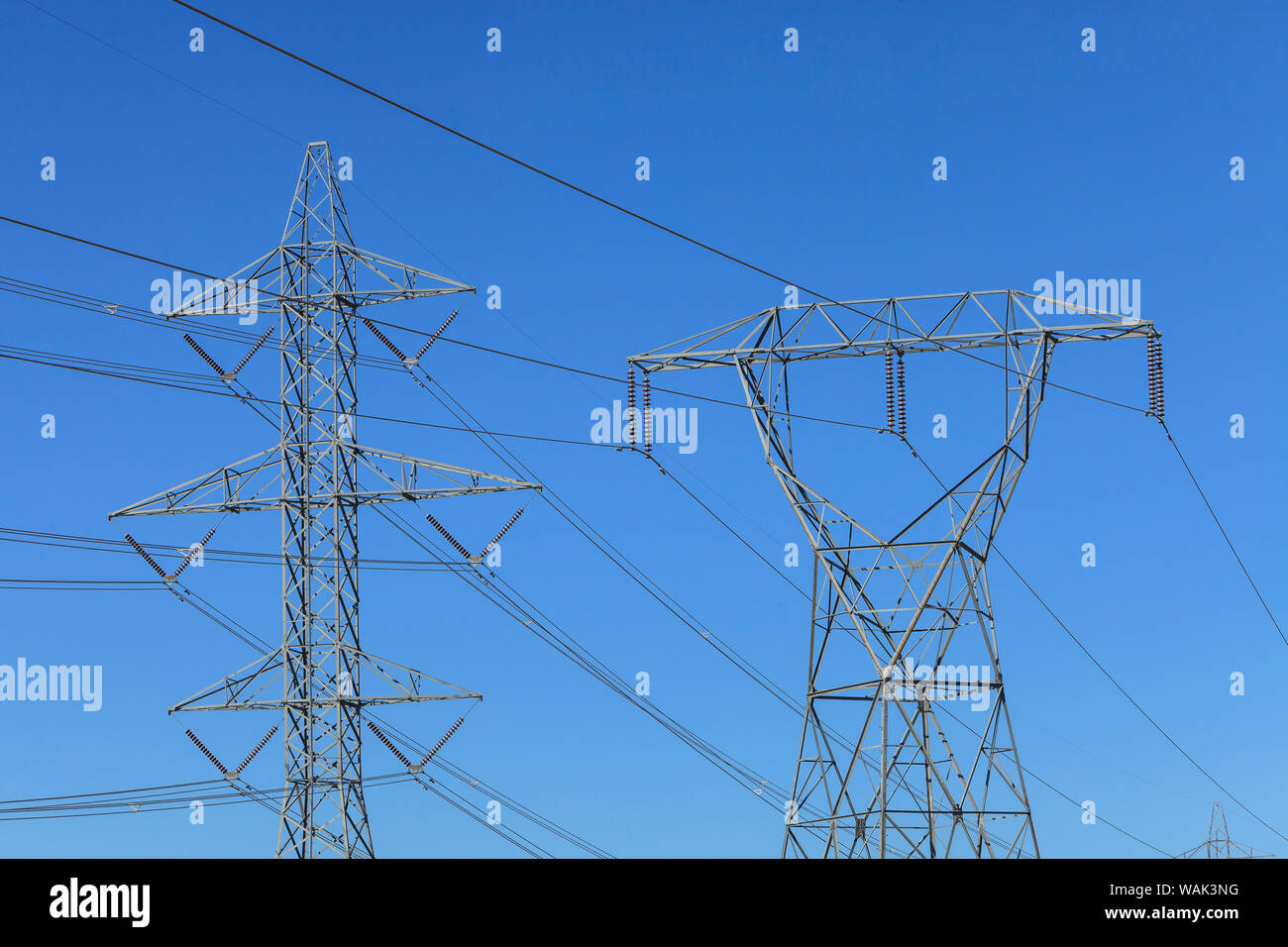 Power lines on pylons near town of Maupin, Deschutes River, Central ...