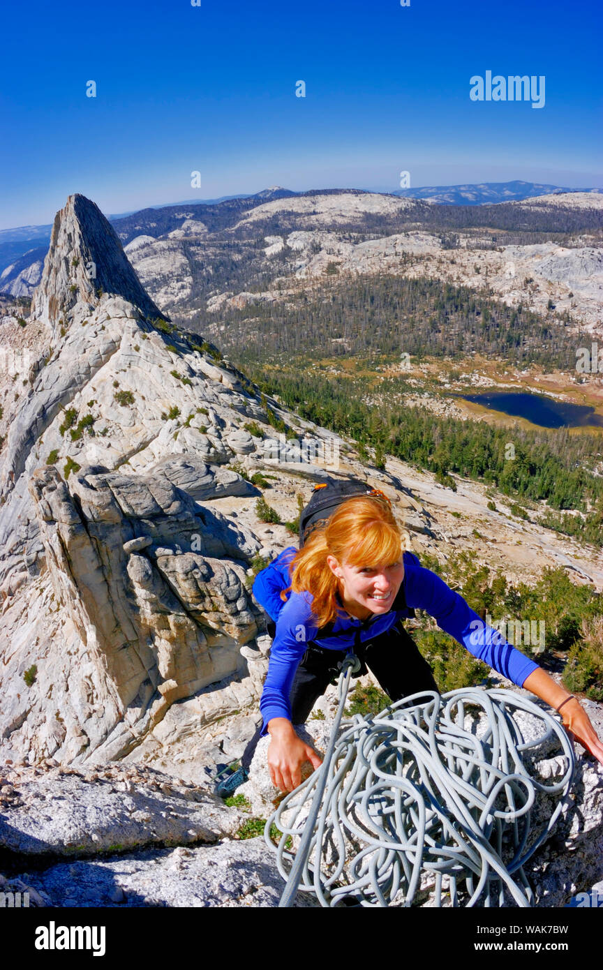 Climber on the classic Matthes Crest traverse, Yosemite National Park ...