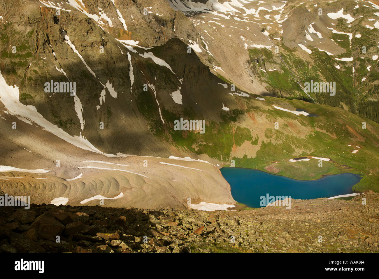 USA, Colorado, Sneffels Range. Mountain and Blue Lakes Basin on spring ...