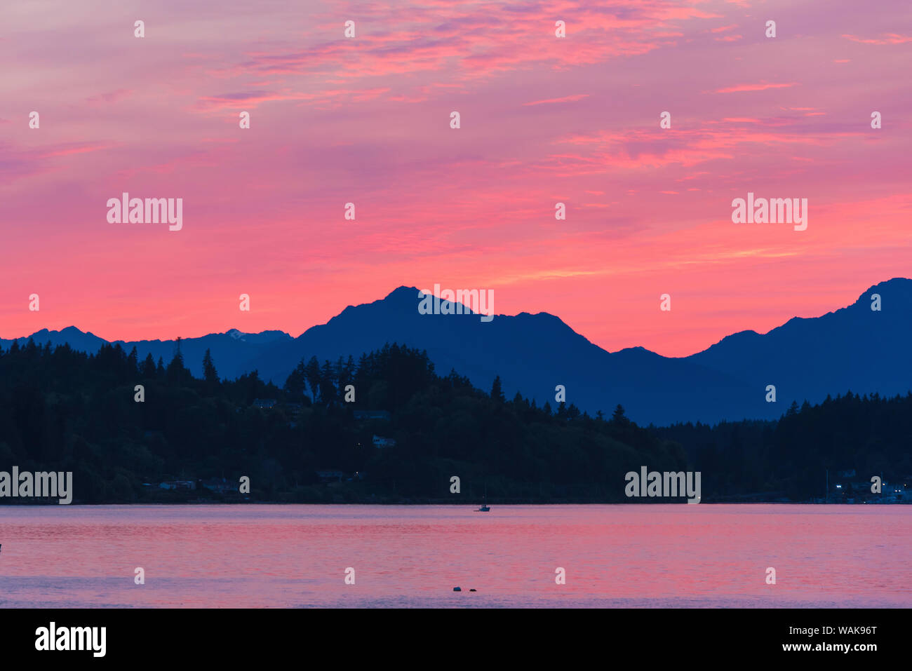 USA, Washington State, Puget Sound. Dramatic sunset over Olympic ...