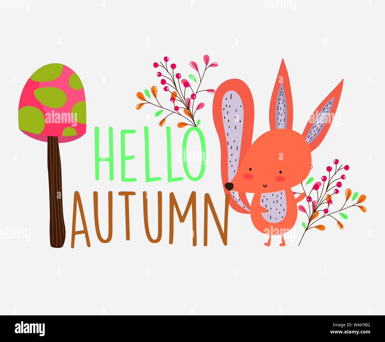 hello autumn season fox mushroom foliage cartoon vector illustration ...