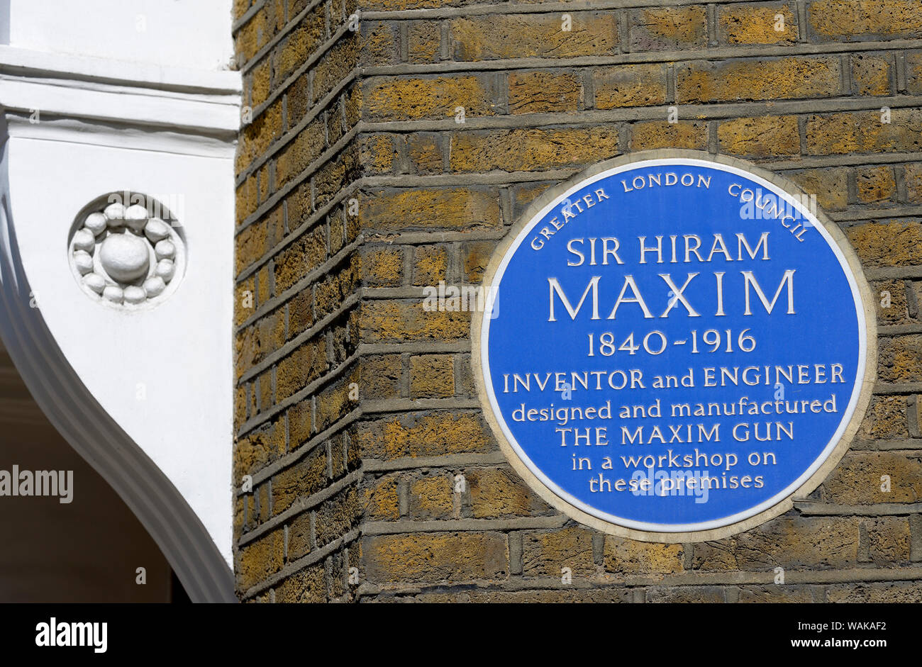 London, England, UK. Commemorative Blue Plaque: SIR HIRAM MAXIM 1840 ...