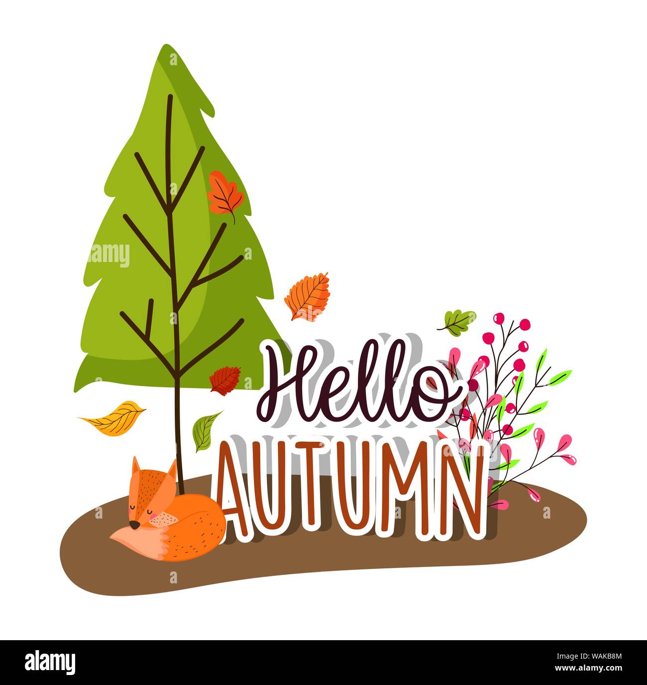 cute fox hello autumn season greeting vector illustration Stock Vector ...