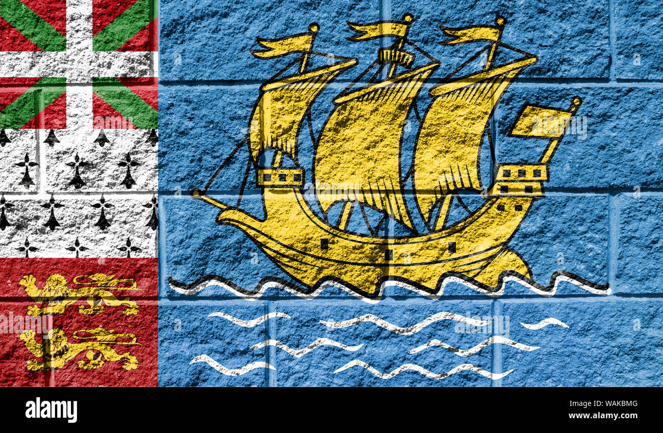 Flag of Saint Pierre and Miquelon close up painted on a cracked wall ...