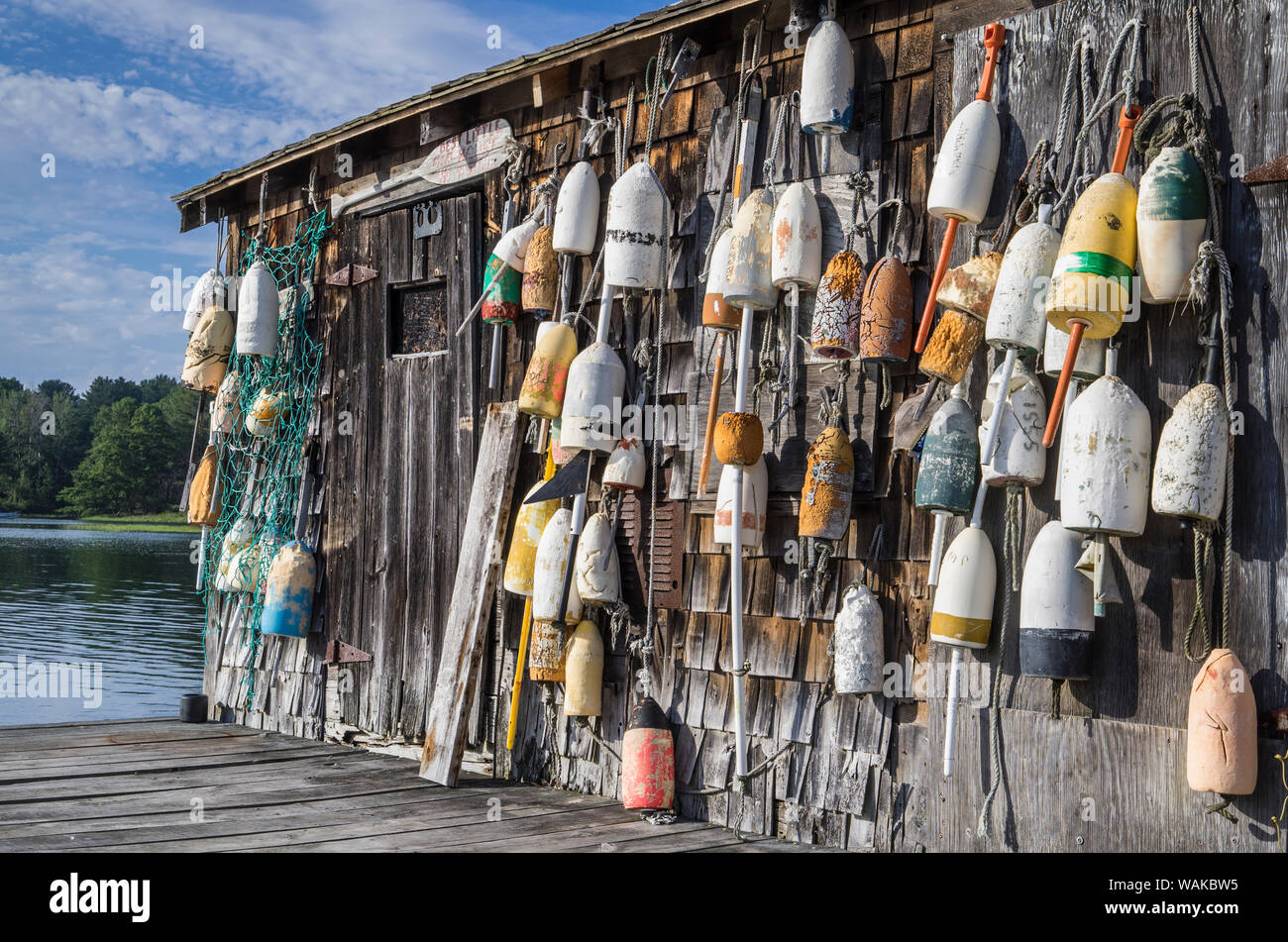 USA, Maine, Cape Neddick. Lobster shack with buoys Stock Photo - Alamy