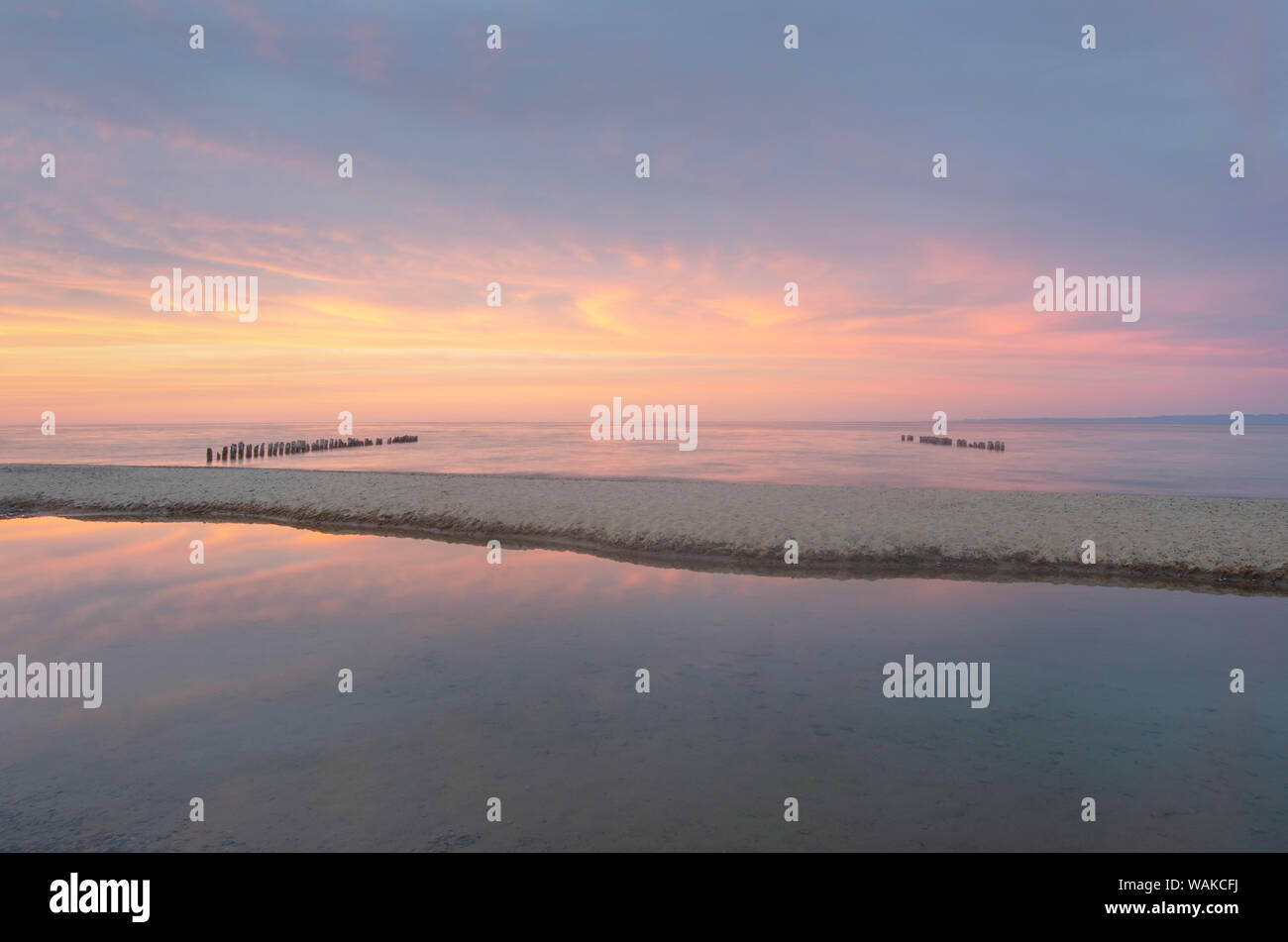 Sunset over Lake Superior seen from beach at Whitefish Point, Upper ...